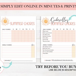 Summer Chore Chart for Kids, Editable Kids Chore Chart Printable, Daily ...