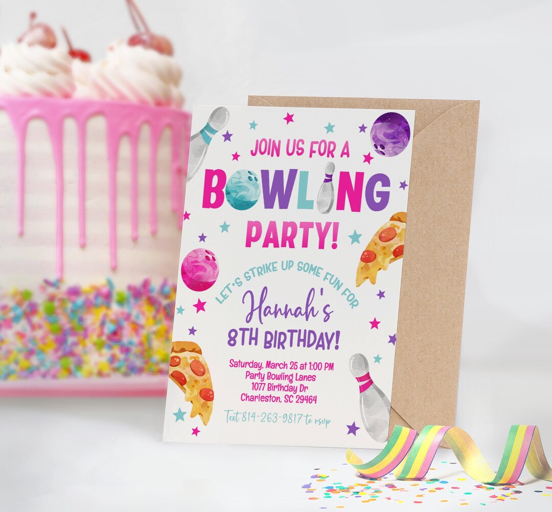 Editable Bowling Invitation Template, Bowling Birthday Invitation Girl ...