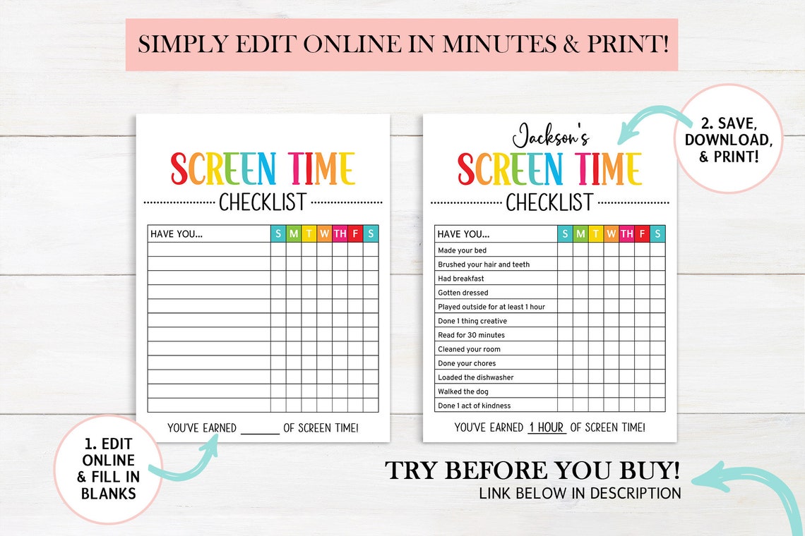 Summer Screen Time Checklist Editable, Screen Time Rules for Kids ...
