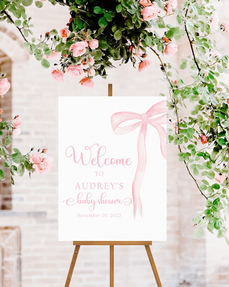 Pink Bow Baby Shower Welcome Sign, Pink Baby Shower Sign Girl, Bow Baby ...