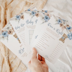 Teddy Bear Baby Shower Games Bundle, Boy Baby Shower Bundle, Blue Boho ...