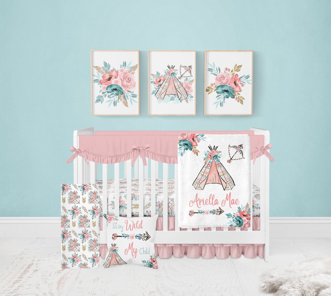 Boho Crib Bedding Set, Baby Girl Crib Bedding, Teepee, Floral Crib ...