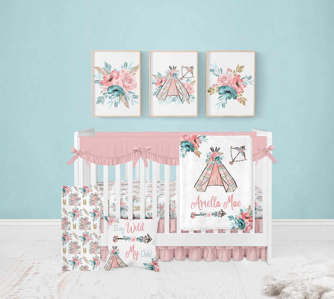 Boho Crib Bedding Set Baby Girl Crib Bedding Teepee Floral - Etsy