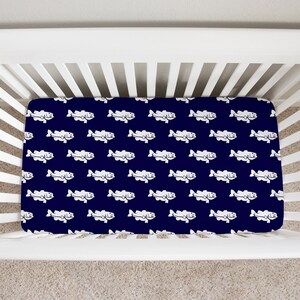 Fish Crib Sheet, Fishing Baby Nursery, Boy Crib Sheet, Navy Blue Crib ...