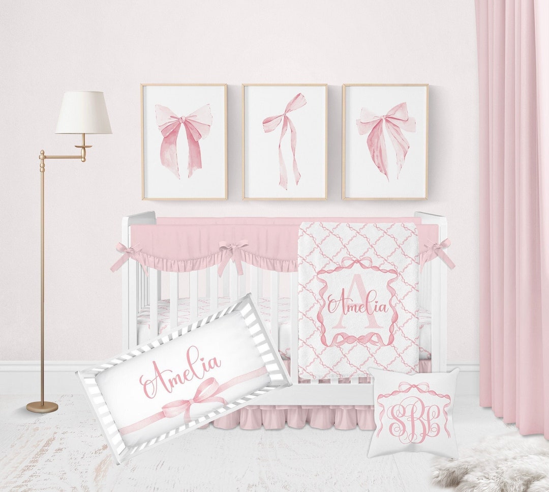 Pink Bow Crib Bedding Set Girl, Baby Girl Crib Bedding Set, Baby ...