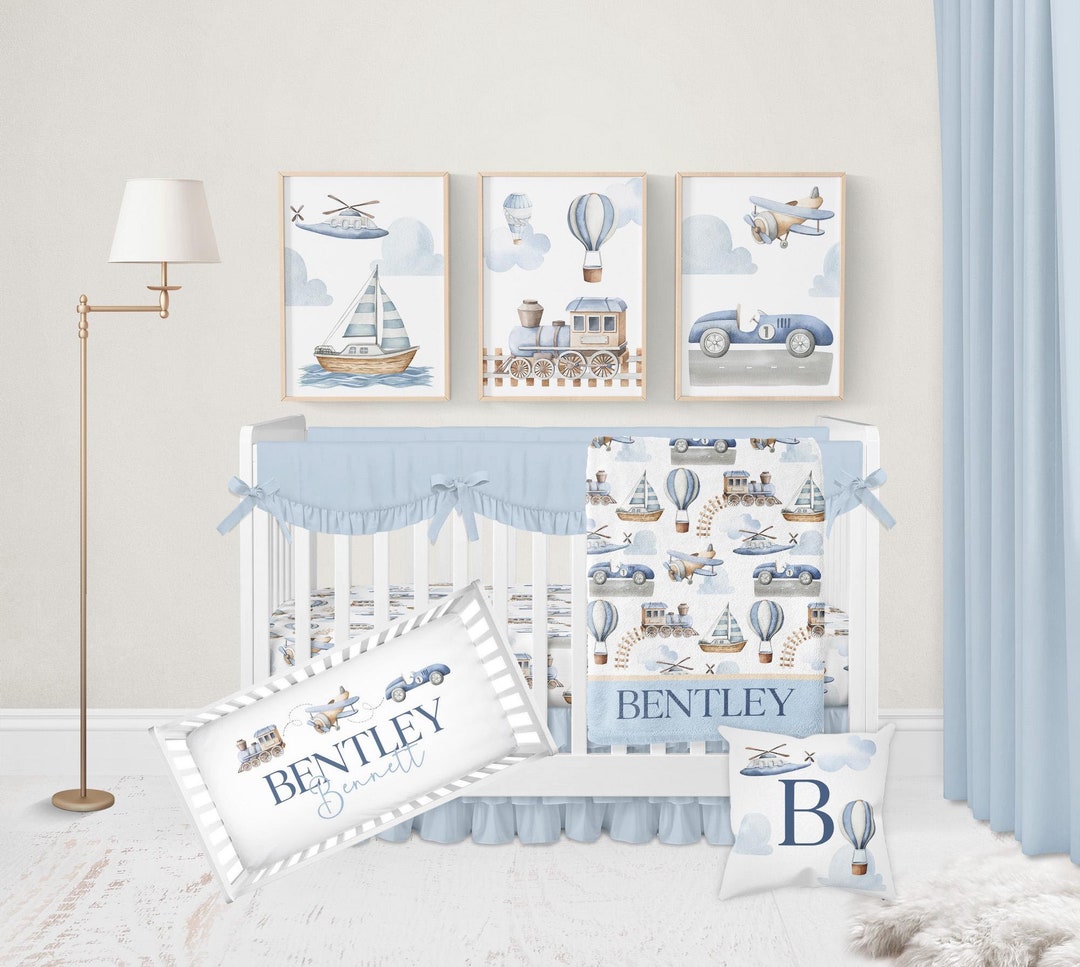 Baby Boy Crib Bedding Set, Blue Baby Bedding Set Boy, Vehicle Nursery ...