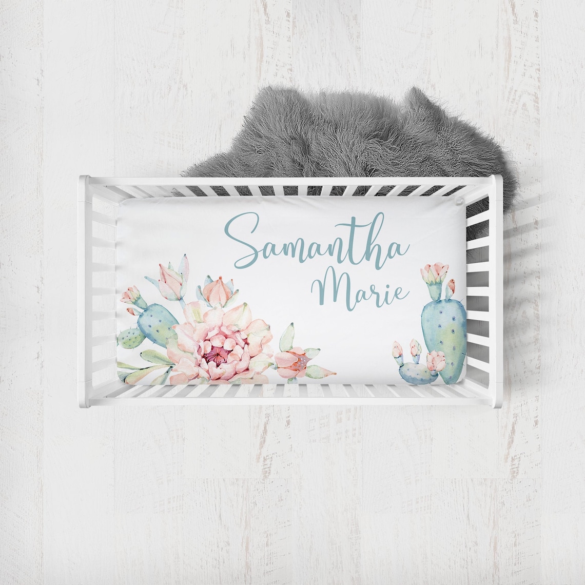 Personalized Cactus Crib Sheet, Cactus Crib Bedding, Floral Crib Sheet ...