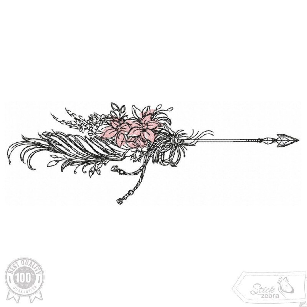 Arrow Embroidery Design, Feather and Flowers Motif, Pattern for Machine ...