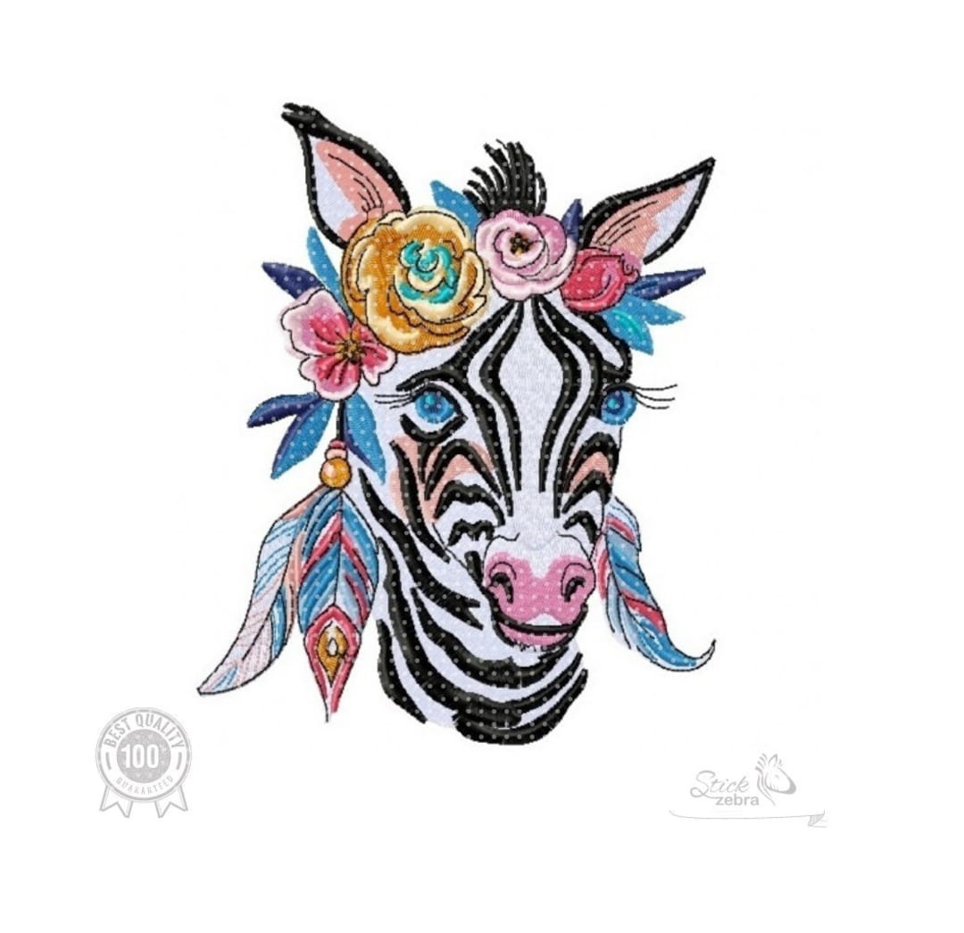 Zebra Embroidery Design, Boho and Flowers Motif, Pattern for Machine ...