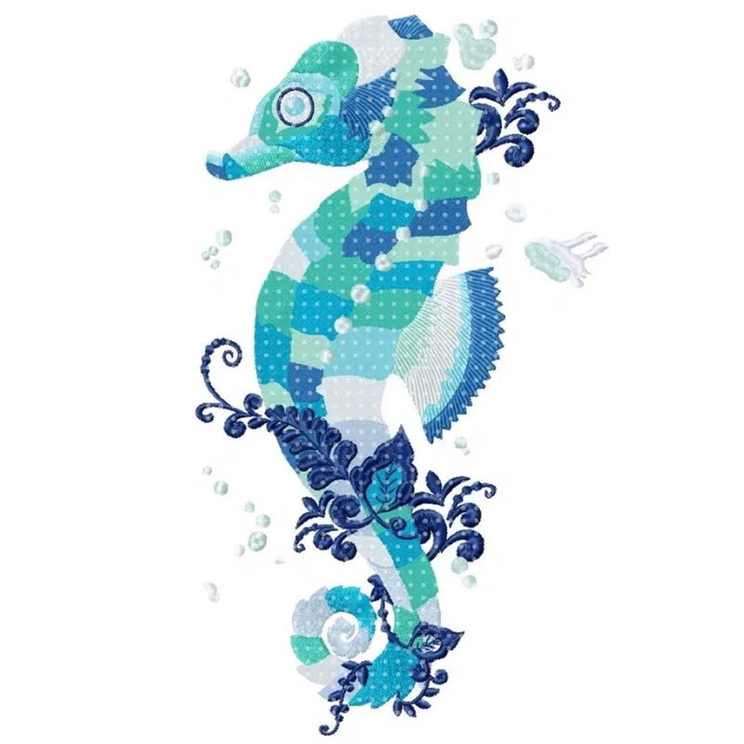 Seahorse Embroidery Design, Seahorse and Ornaments Motif, Pattern for ...