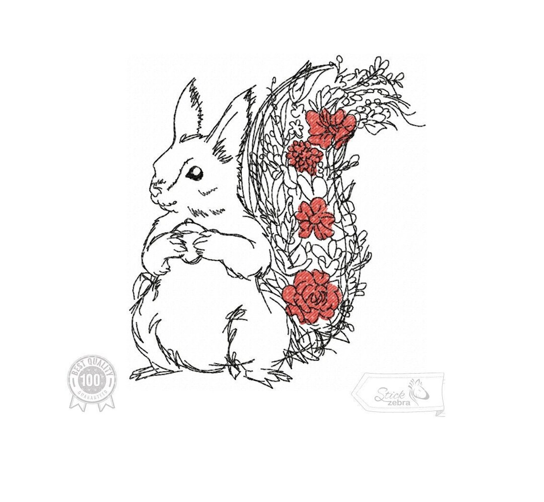 Squirrel Embroidery Design, Squirrel and Flowers Motif, Pattern for ...