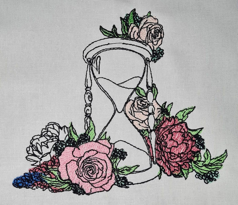 Hourglass Embroidery Design, Hourglass and Flowers Motif, Pattern for ...