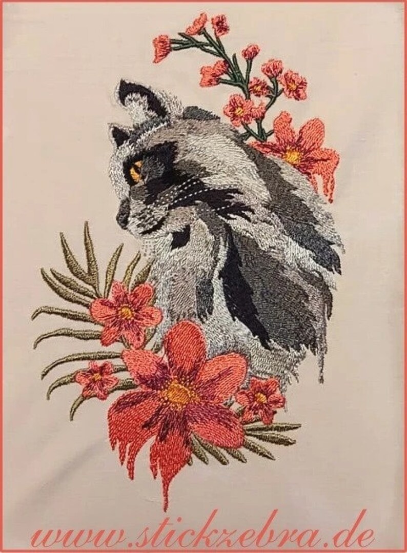 Cat Embroidery Design, Cat With Flowers Motif, Pattern for Machine ...