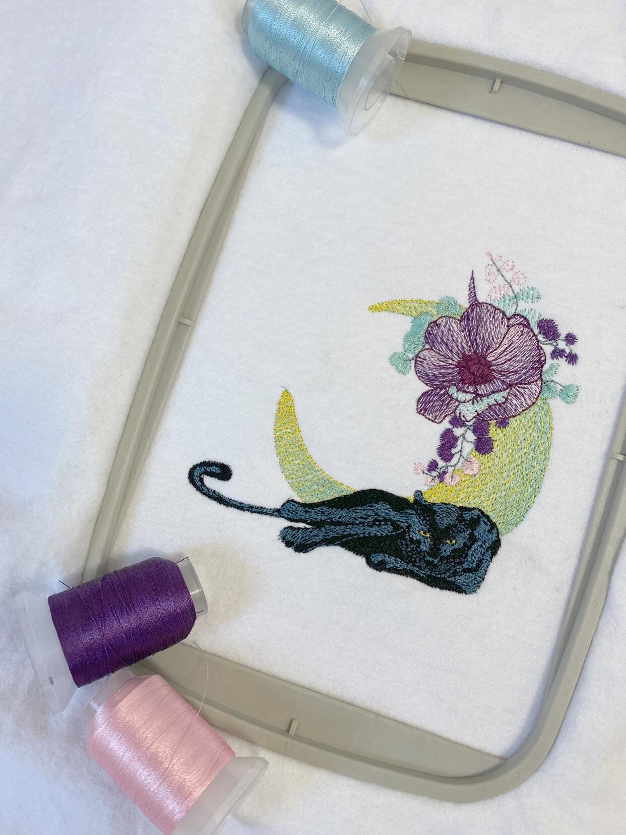 Panthers Embroidery Design Wildcat and Moon Flowers Motif - Etsy