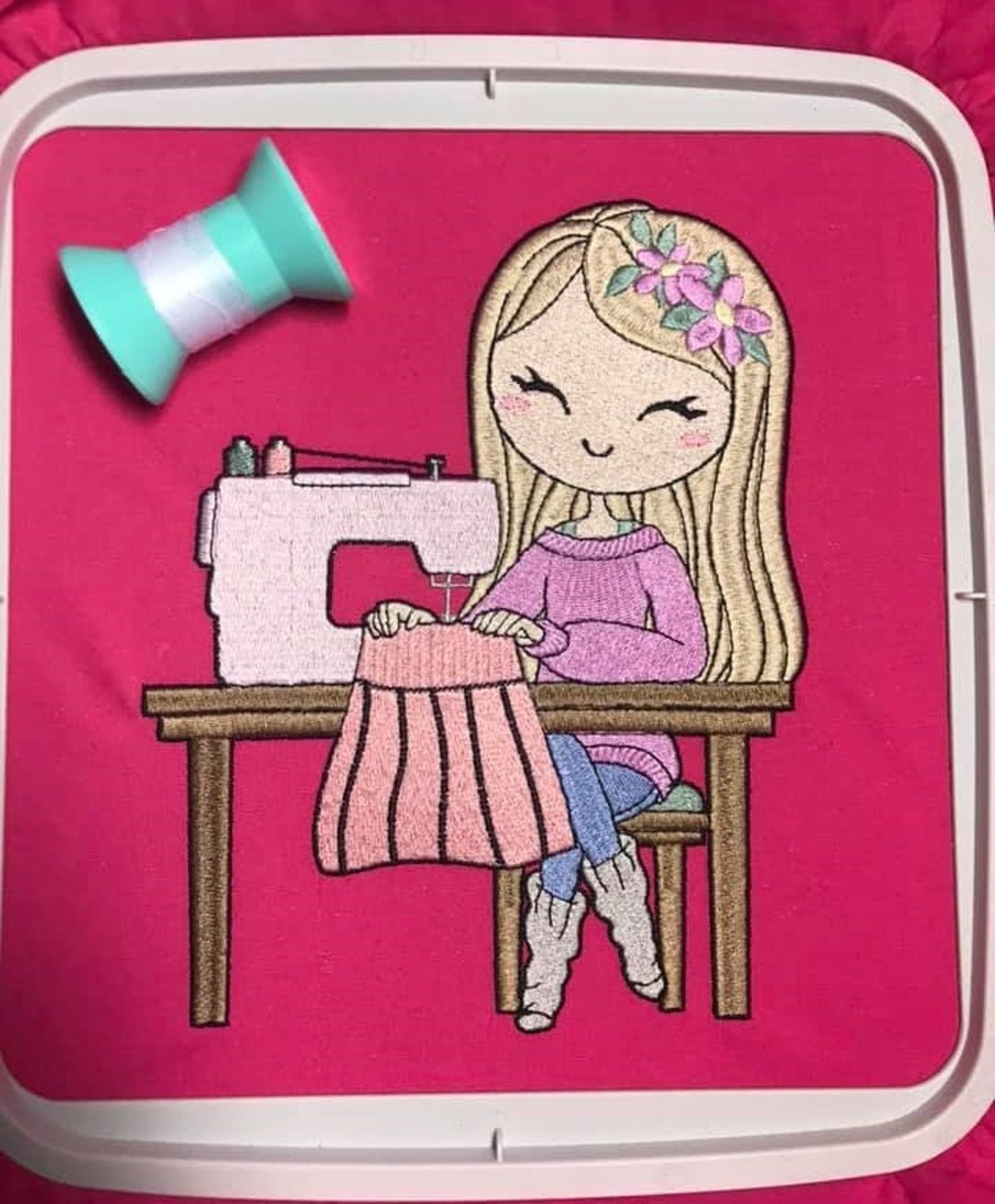 Girl Embroidery Design Gril and Sewing Machine Motif Pattern - Etsy