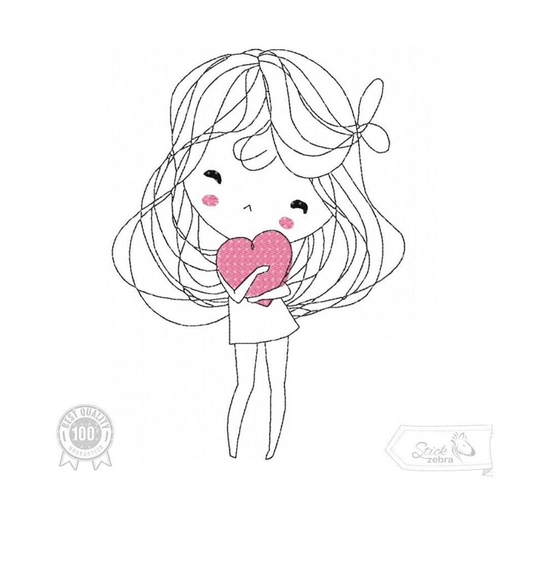 Girl Embroidery Design, Girl With Heart Kids Motif, Pattern for Machine ...