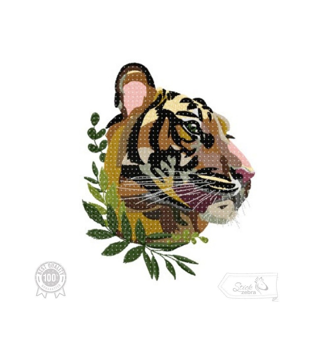 Tiger Embroidery Design, Tiger and Leaves Motif, Pattern for Machine ...