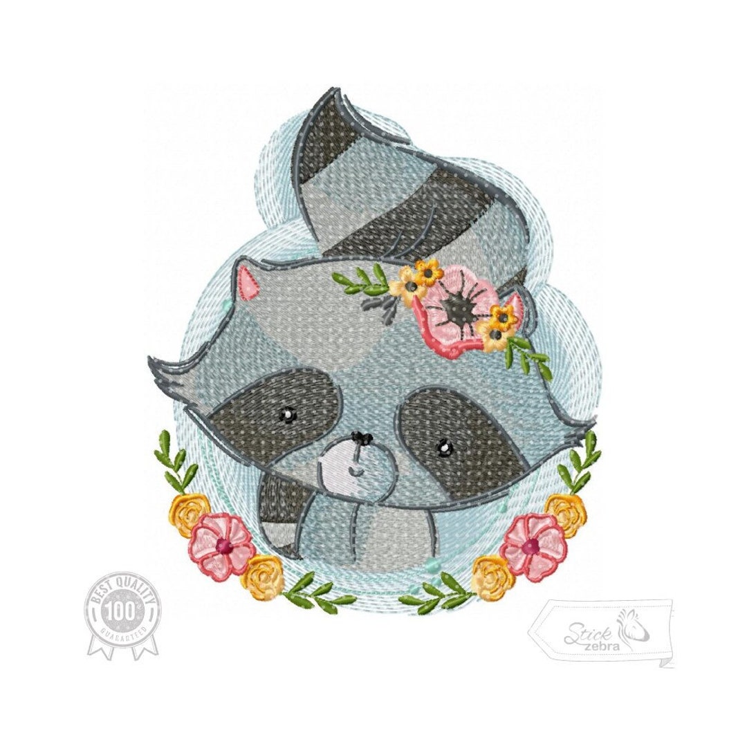 Racoon Embroidery Design, Racoon and Flowers Motif, Pattern for Machine ...