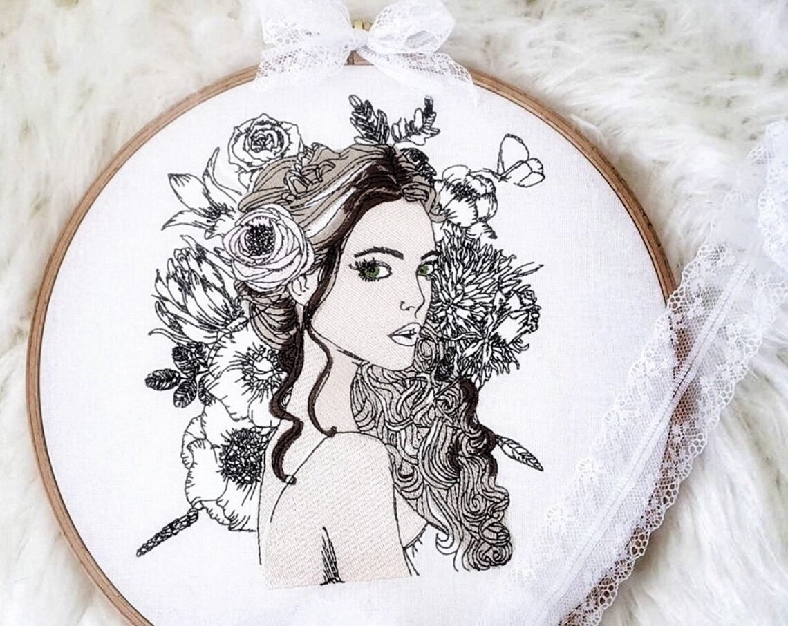 Women Embroidery Design, Beauty Butterflies Girl Motif, Pattern for ...