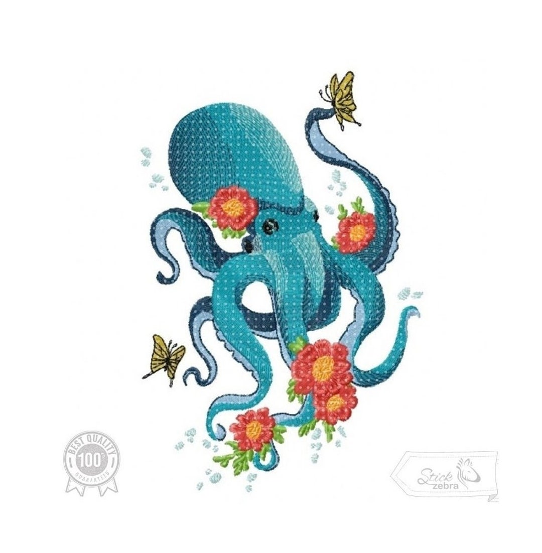 Octopus Embroidery Design, Octopus and Flowers Motif, Pattern for ...