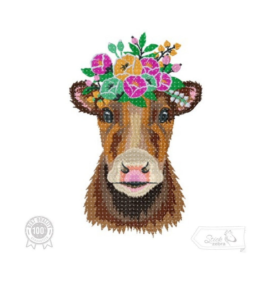 Cow Embroidery Design, Cow and Flowers Motif, Pattern for Machine ...