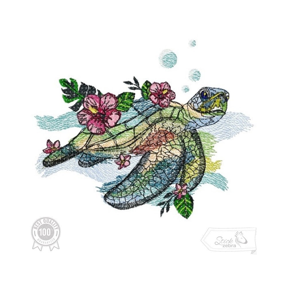 Sea Turtle Embroidery Design Tortoise and Flowers Motive - Etsy UK