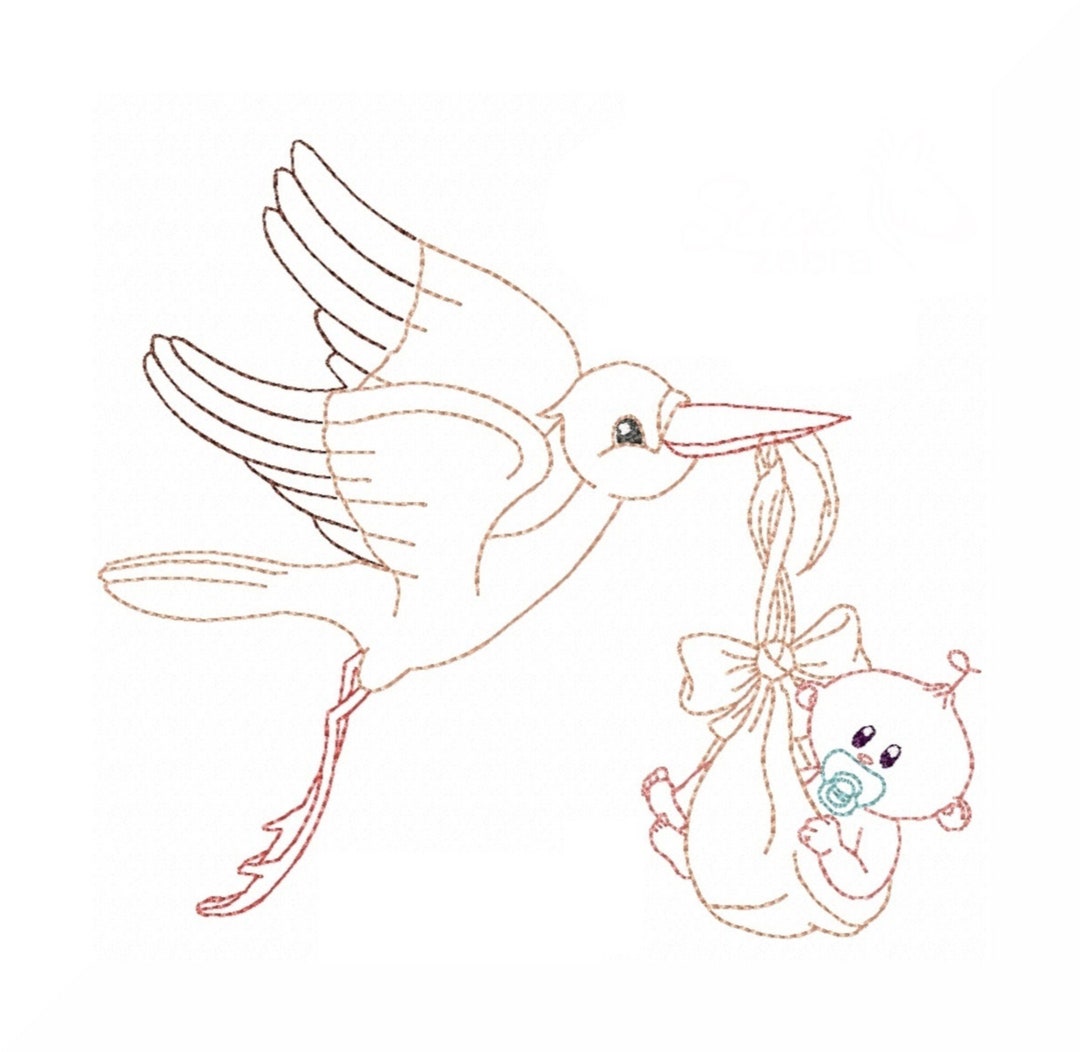 Stork Embroidery Design, Stork With Baby Motif, Pattern for Machine ...