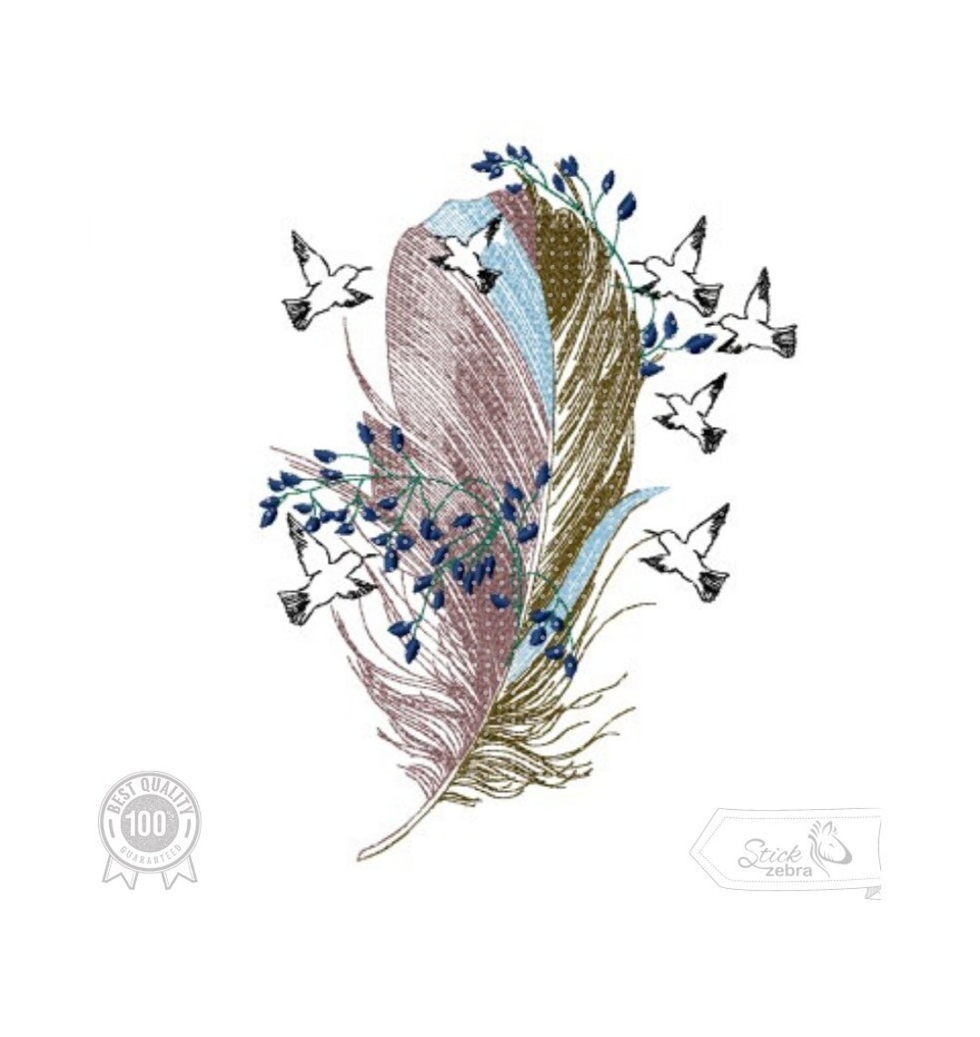 Feather Embroidery Design, Feather With Bird Motif, Pattern for Machine ...