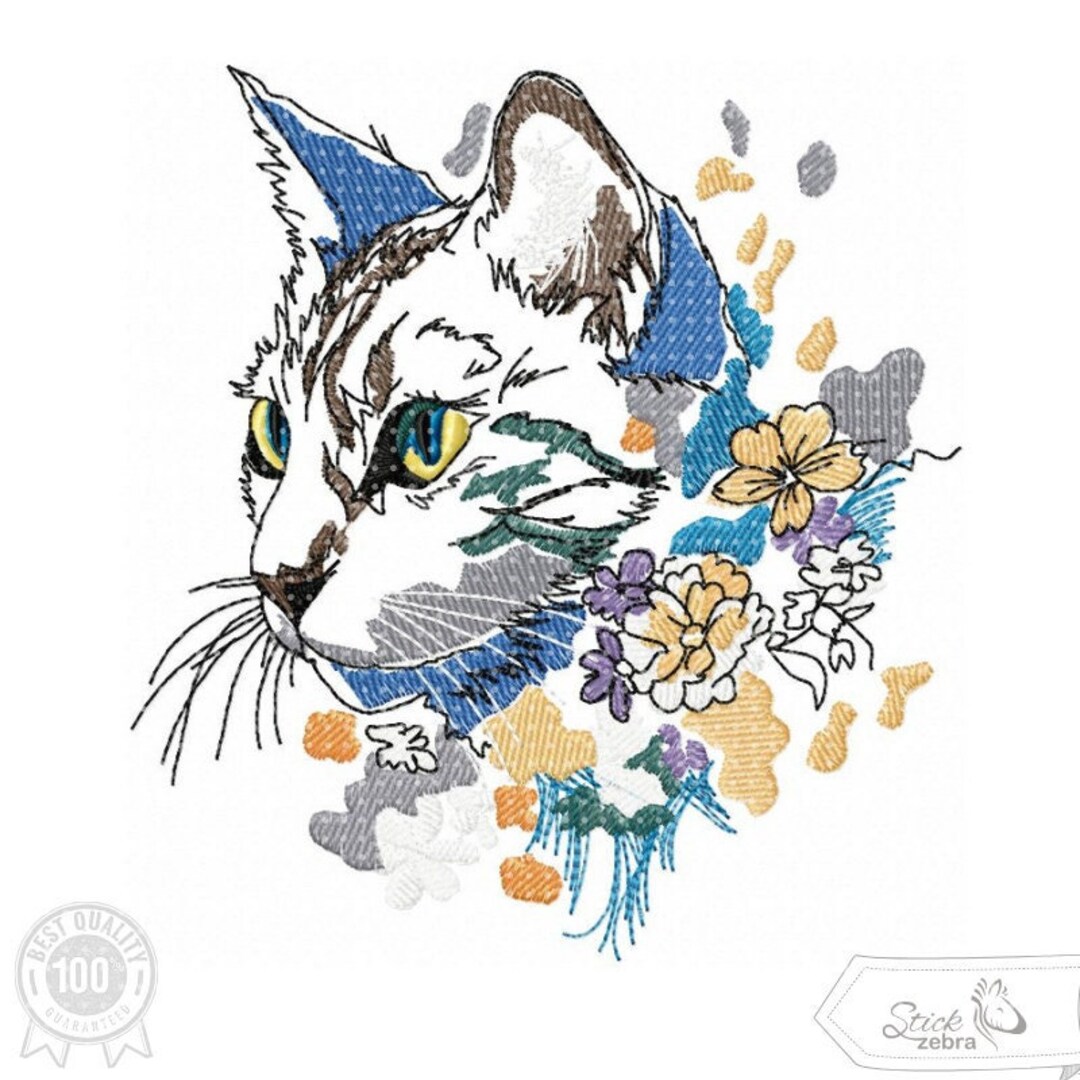 Flower Cat Embroidery Design, Cat Flower Boho Style Motifs, Patterns ...
