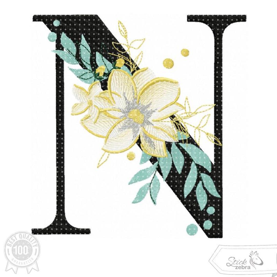 Letter N Embroidery Design, Flowers and Alphabet Motive, Patterns for ...