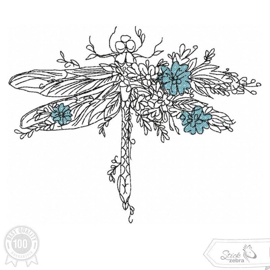 Dragonfly Embroidery Design, Doodle Insect Flower Summer Motive ...
