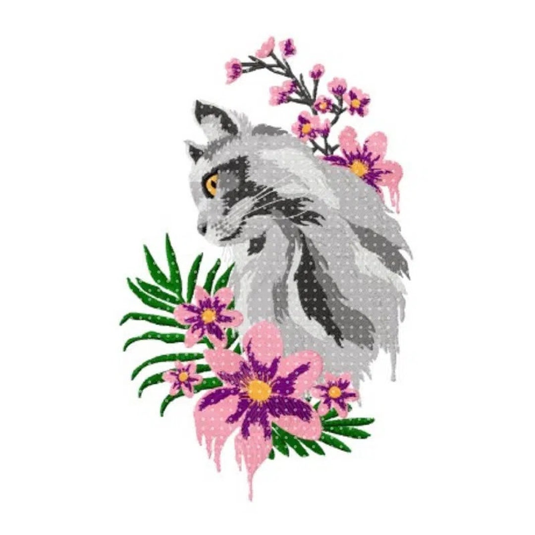 Cat Embroidery Design, Cat With Flowers Motif, Pattern for Machine ...