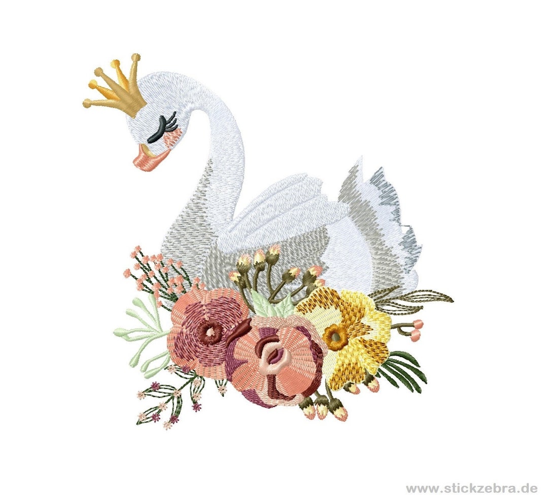 Swan Embroidery Design, Swan and Flowers Motif, Pattern for Machine ...