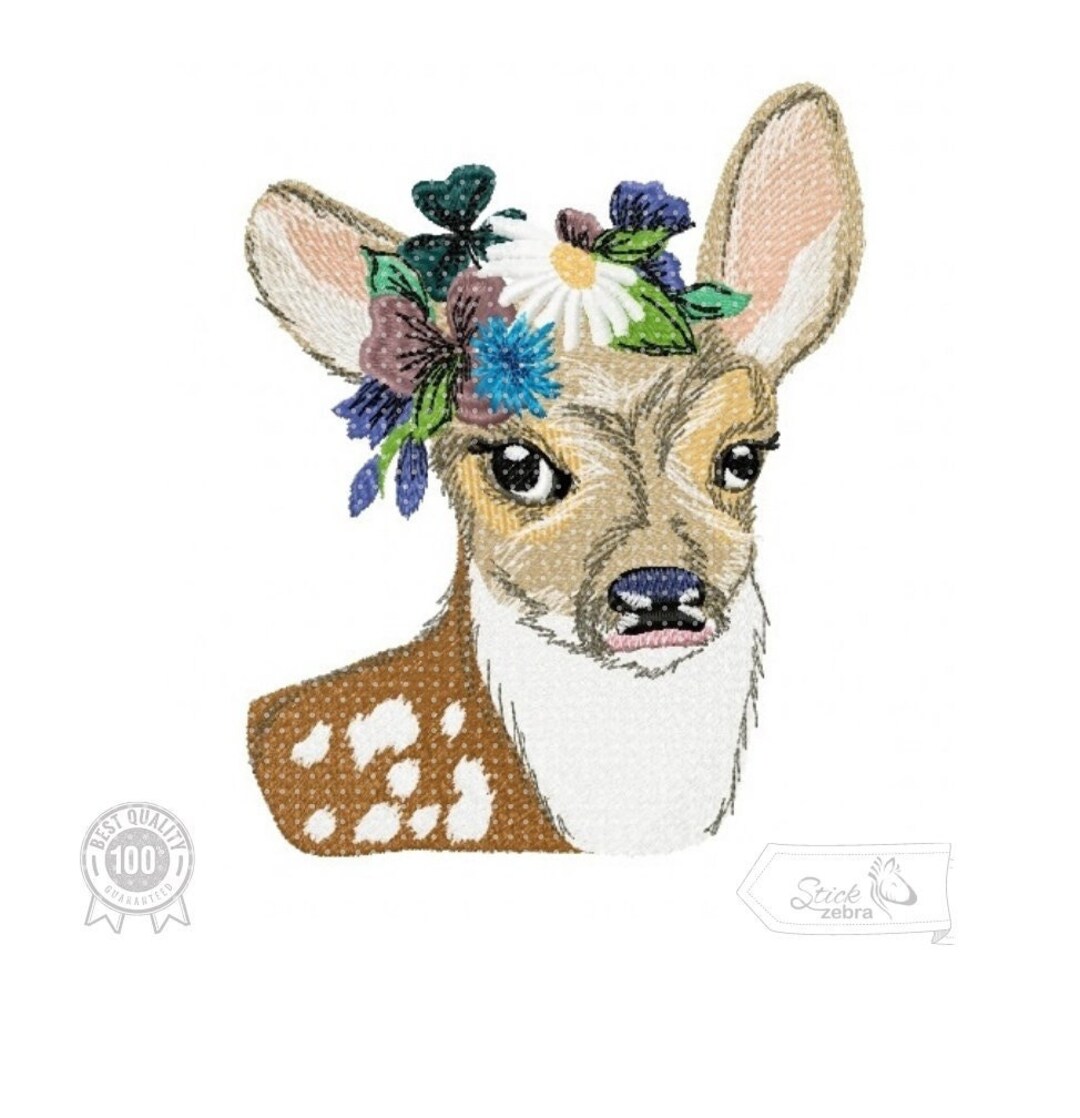 Fawn Embroidery Design, Fawn and Flowers Motif, Pattern for Machine ...
