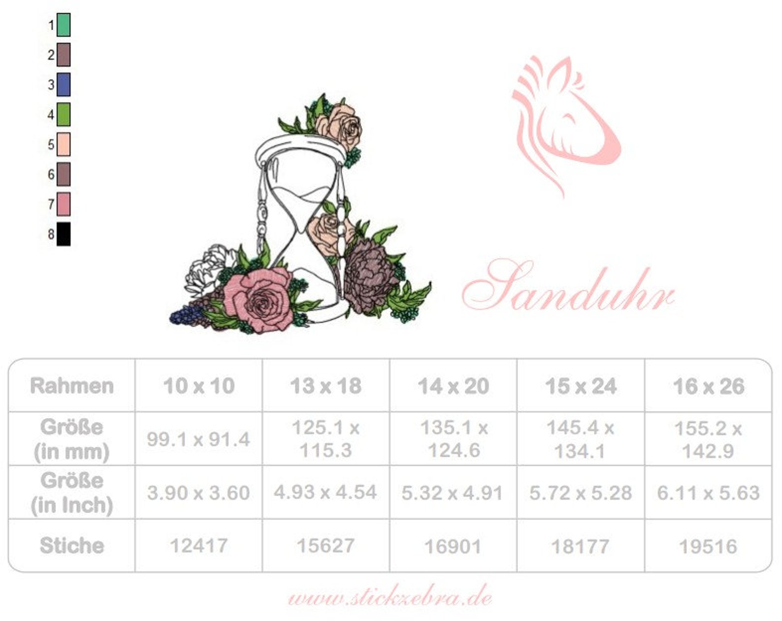 Hourglass Embroidery Design, Hourglass and Flowers Motif, Pattern for ...