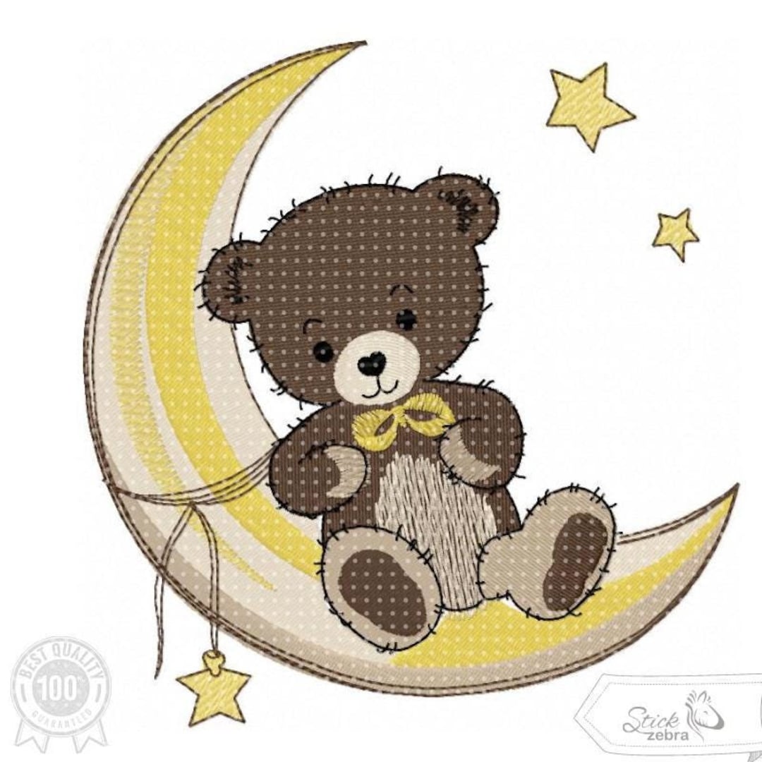 Teddy Bear Embroidery Design, Sleeping Bear With Moon and Star Motive ...