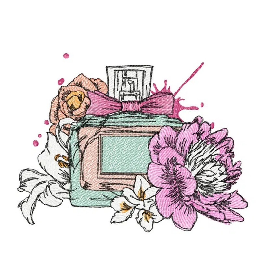 Perfume Embroidery Design, Perfume and Flowers Motif, Pattern for ...