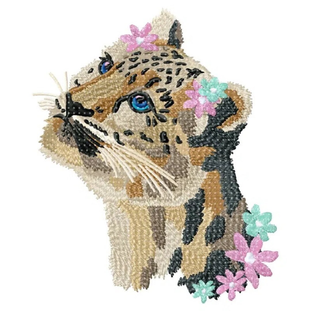 Leopard Embroidery Design, Leopard With Flowers Motif, Pattern for ...