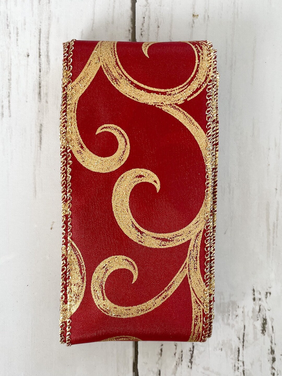 Swirly Gold Design on Garnet Maroon Deep Red 5 Yards-2.5 Wide Wire Edge ...