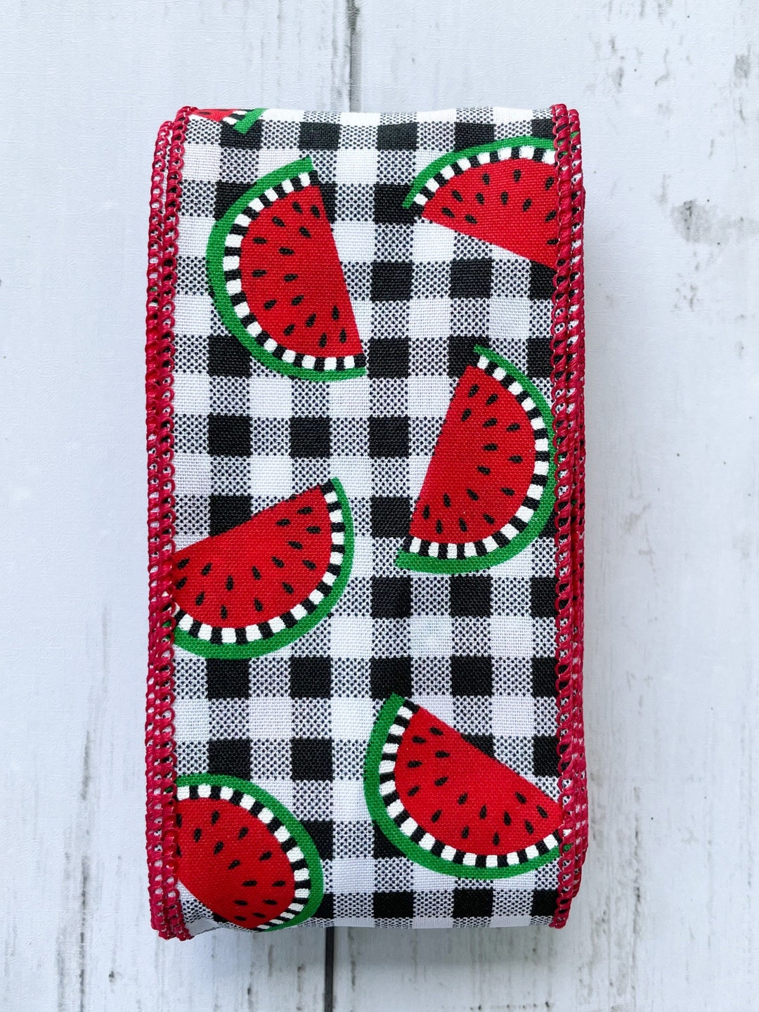Watermelon Black Gingham Plaid Checkered 5 Yards 2.5" Wire Edge Ribbon ...