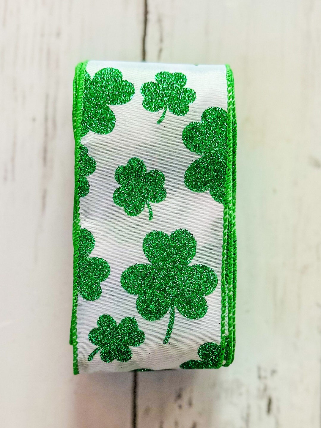 Satin and Green Glitter Shamrock Ribbon: White 5 Yards-2.5 Wide Wire ...