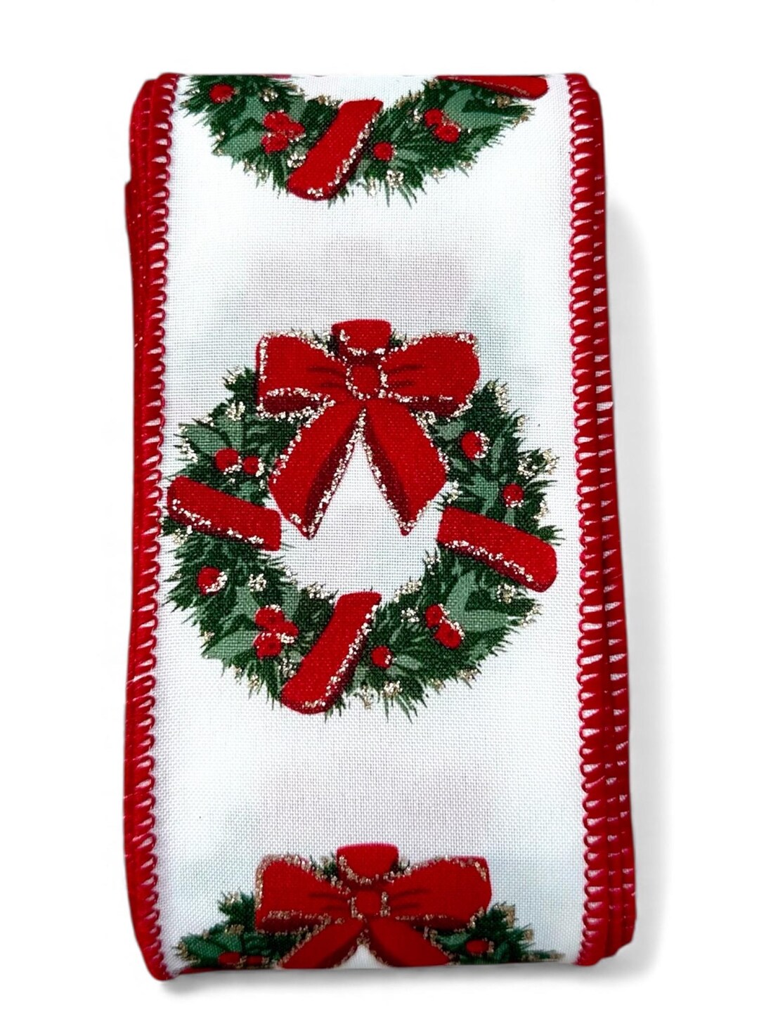 Cream Colored Satin With Beautiful Wreaths With Red Bows CHRISTMAS 5 ...