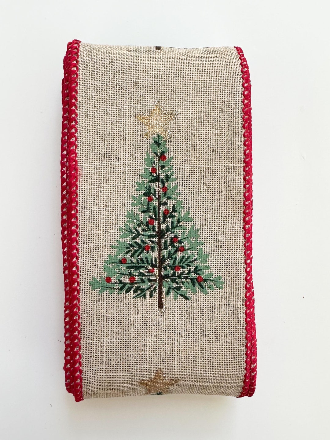 Christmas Trees With Red Balls and Gold Star CHRISTMAS 5 Yards Wired ...