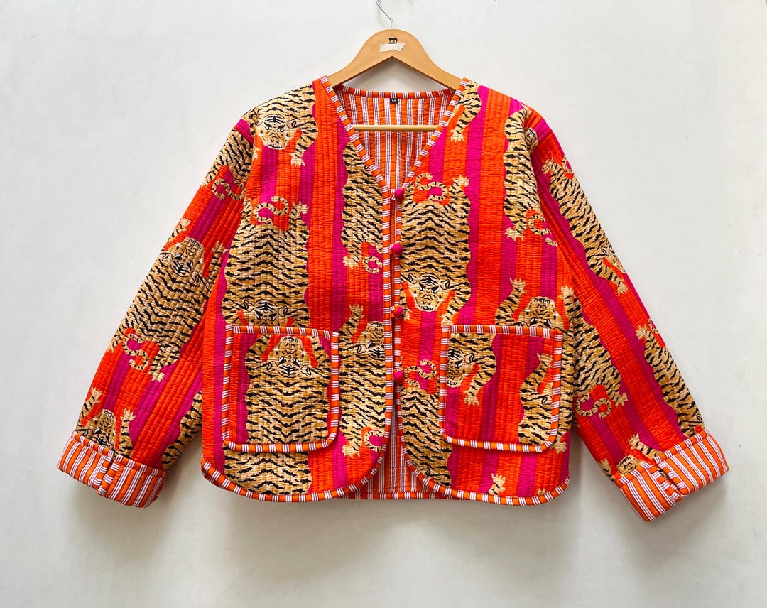 Orange Tiger Print Quilted Jacket: Block Printed Boho Coat - Etsy