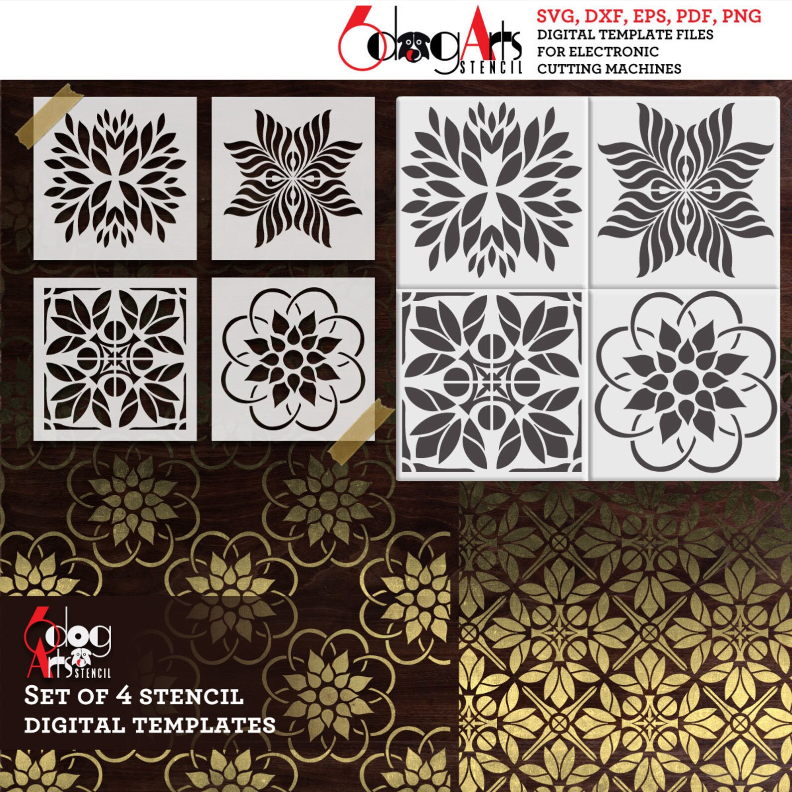 4 Tile Digital Stencil Template Designs SVG DXF Vector Files Diy Mylar ...