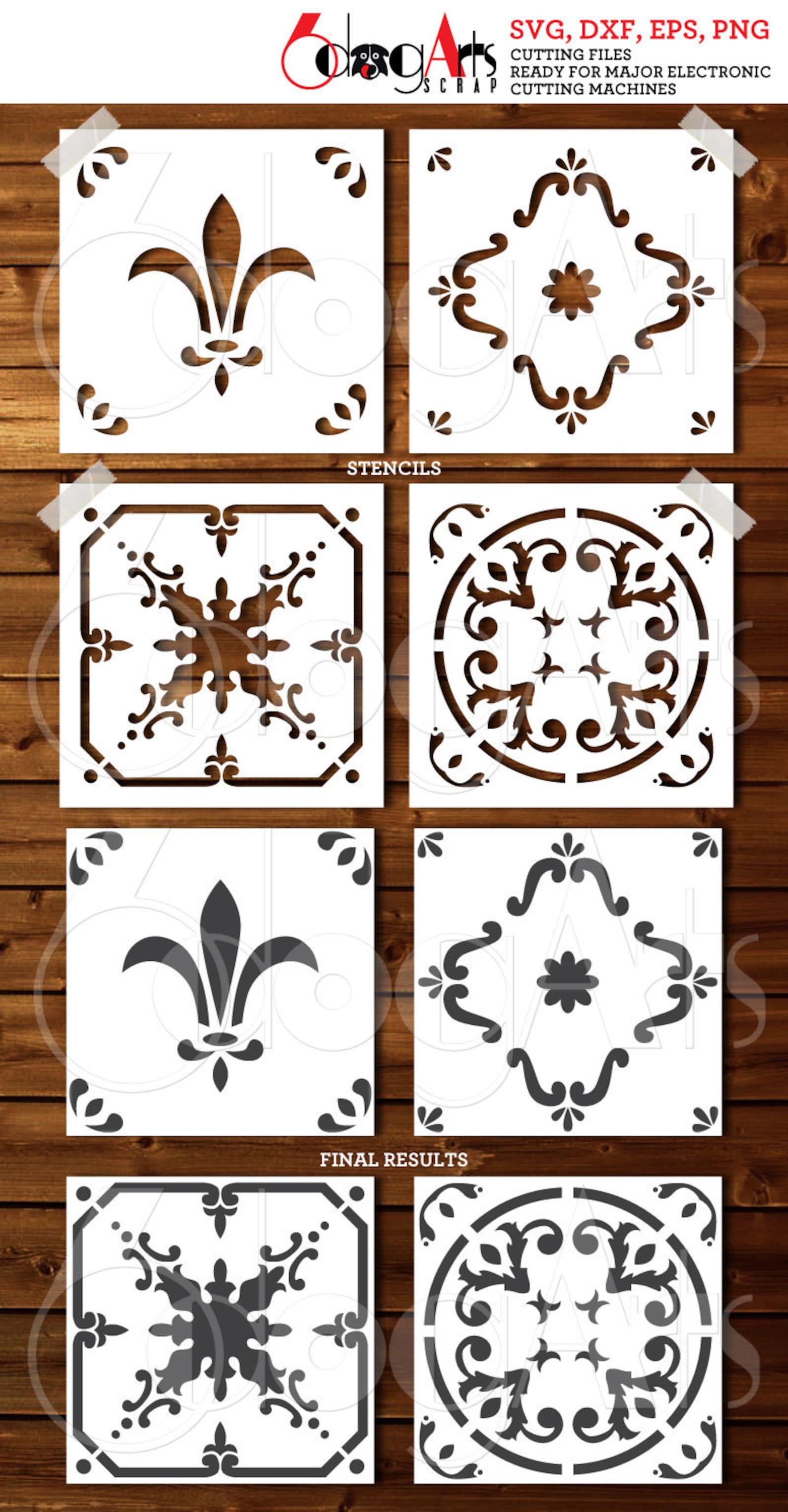 4 Heraldic Tile Digital Stencil Template Designs SVG DXF Cut | Etsy