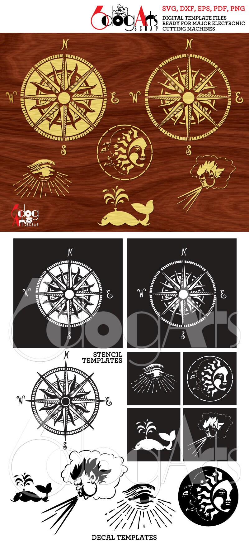 Antique Compass Rose Stencil / Decal Digital Templates SVG DXF Vector ...