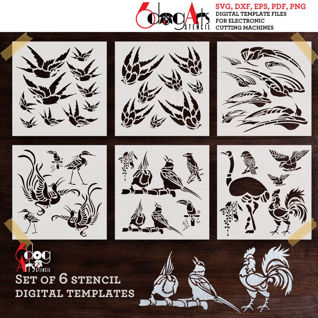6 Antique Bird Digital Stencil Templates SVG DXF Vector Files Mylar ...