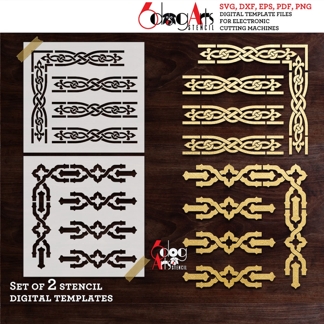 2 Arabesque Corner Border Stencil / Decal Digital Templates SVG DXF ...