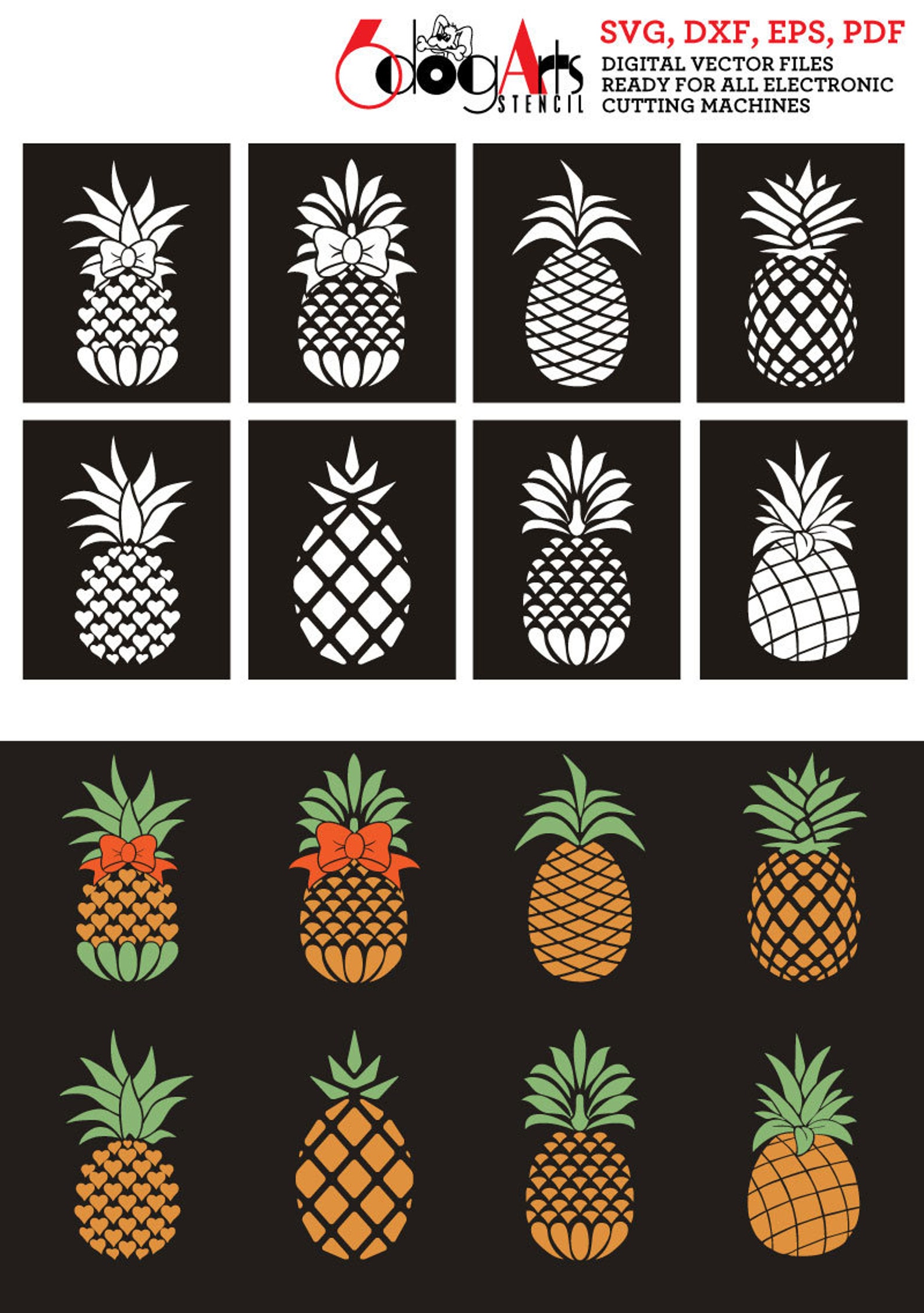 8 Pineapple Digital Stencil and Decal Templates SVG DXF Cut | Etsy